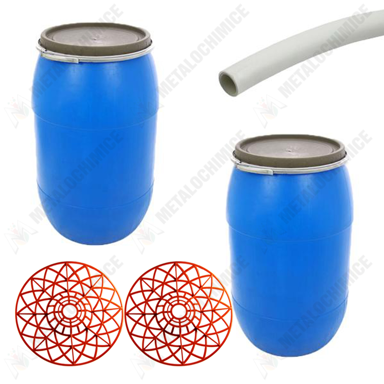 Pachet - 2 x Butoi plastic 60l cu capac si cerc metalic + 2 x Presa ...