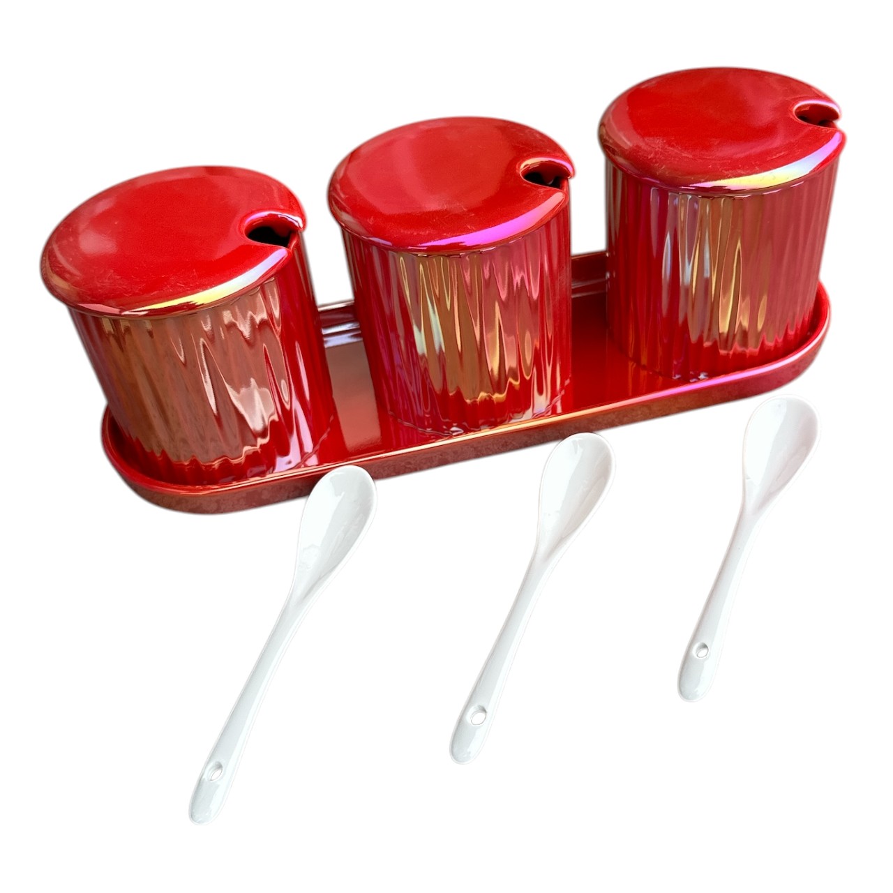 Set 3 recipiente condimente ceramica cu suport si lingurite - MetaloChimice